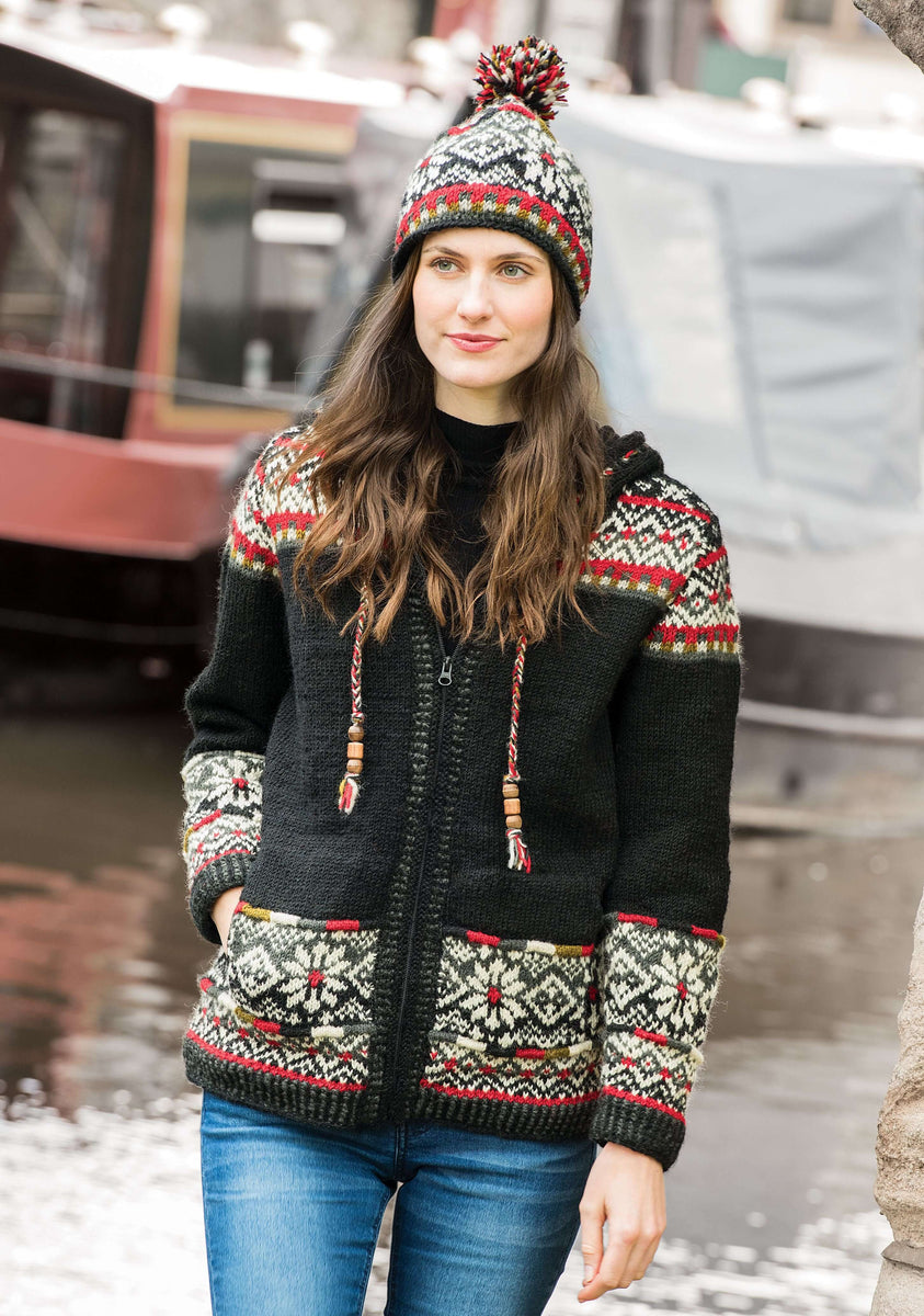 Hand Knitted Zip Fair Isle Jacket with Hood black – Yellow Sunrise